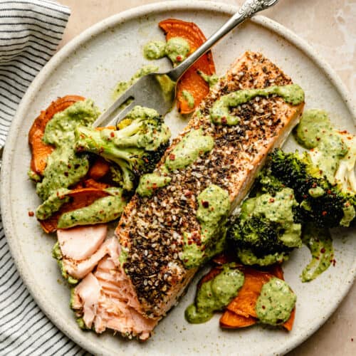 Sheet Pan Salmon and Veggies with Creamy Zhoug - The Defined Dish
